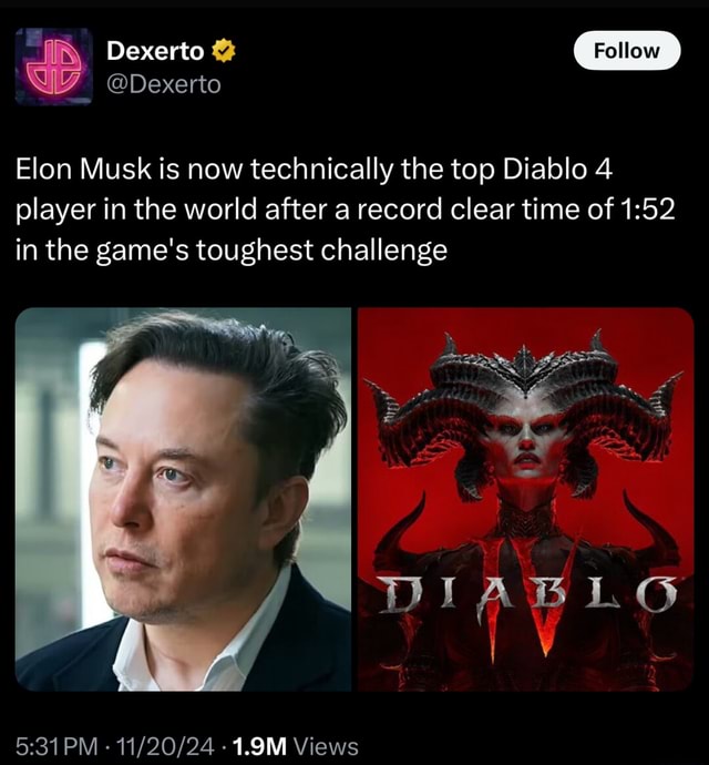 Dexerto NW @Dexerto Follow Elon Musk is now technically the top Diablo ...