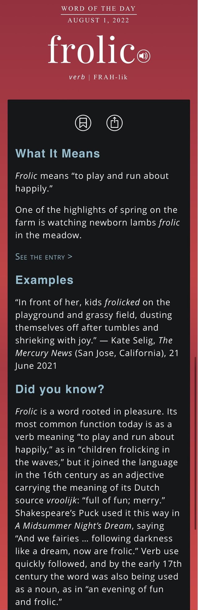 WORD OF THE DAY AUGUST 1, 2022 frolice verb I FRAH-lik What It Means ...