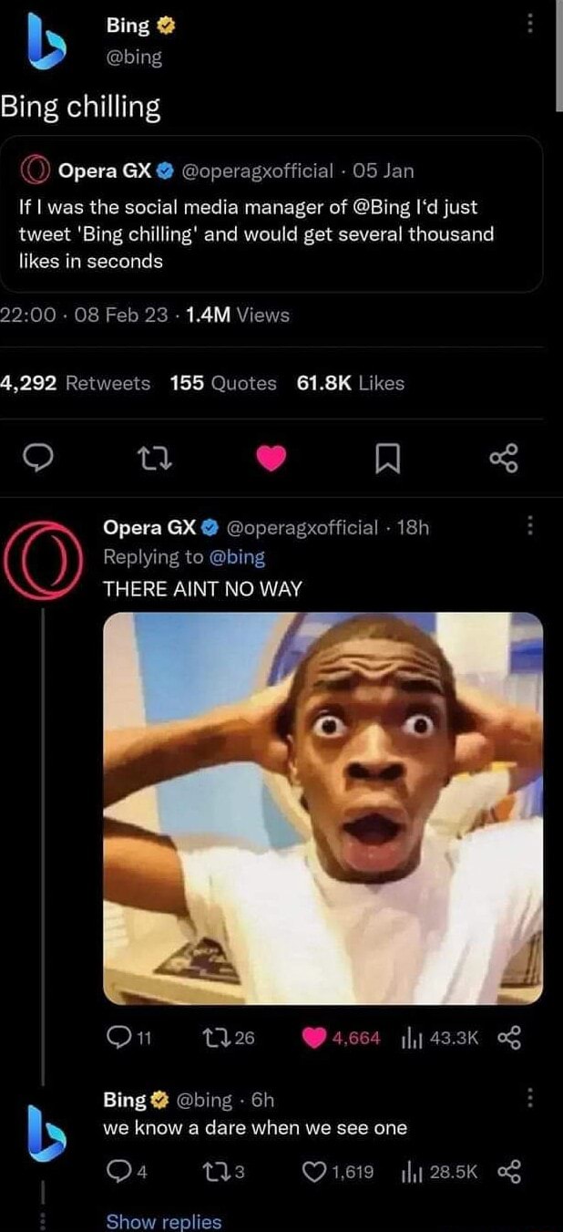 Bing @bing Bing chilling O) Opera GX @ @operagxofficial - 05 Jan If I was the social media ...