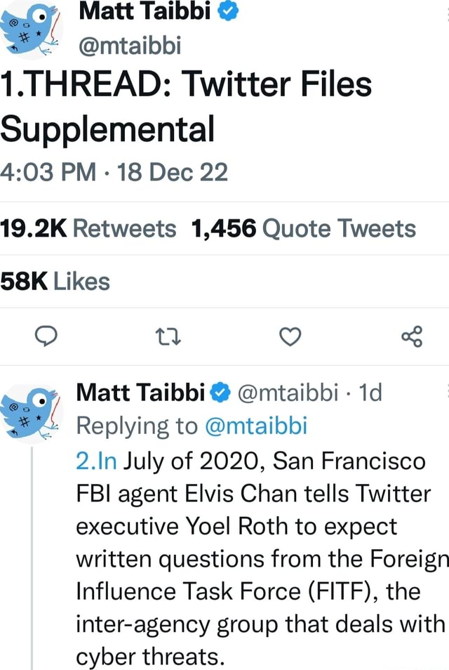 Matt Taibbi @ @mtaibbi 1. THREAD: Twitter Files Supplemental PM - 18 ...