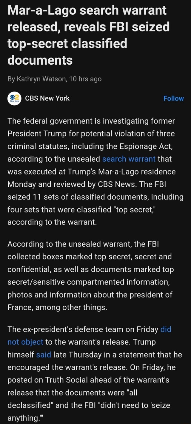 Mar A Lago Search Warrant Released Reveals Fbi Seized Top Secret