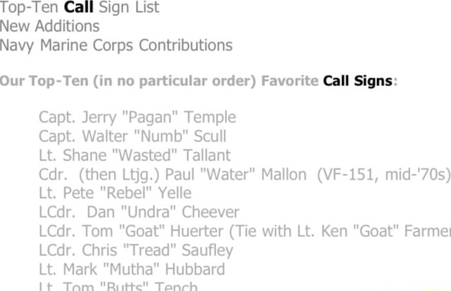 Top-Ten Call Sign List New Additions Navy Marine Corps Contributions ...