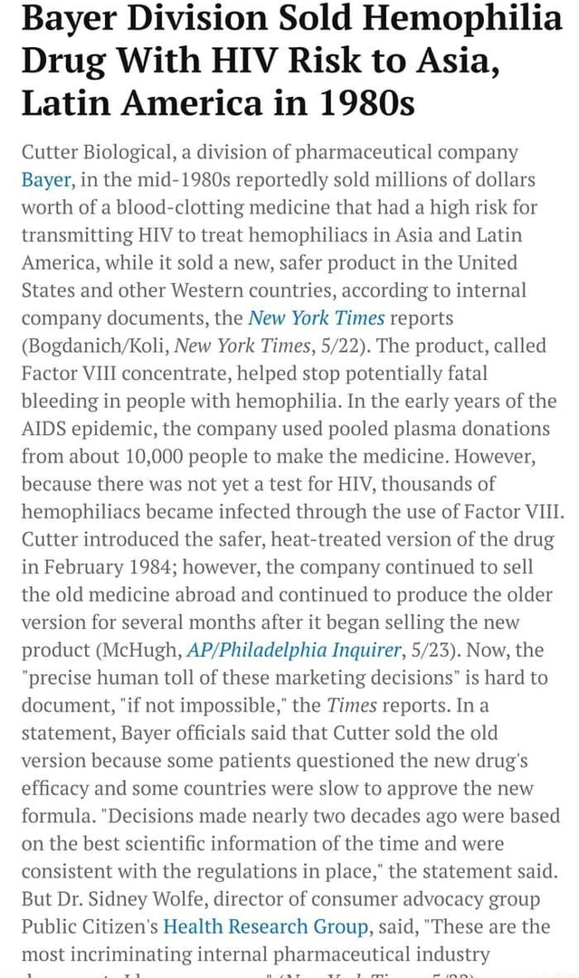 Bayer Division Sold Hemophilia Drug With HIV Risk to Asia, Latin ...