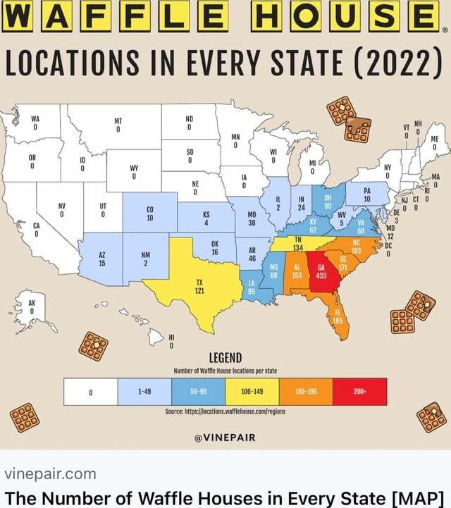 WAFFLE HOUSE. LOCATIONS IN EVERY STATE (2022) LEGEND Number of Waffle ...