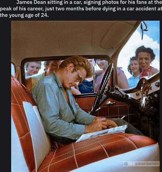 James Dean sitting in a car, signing photos for his fans at the peak of ...