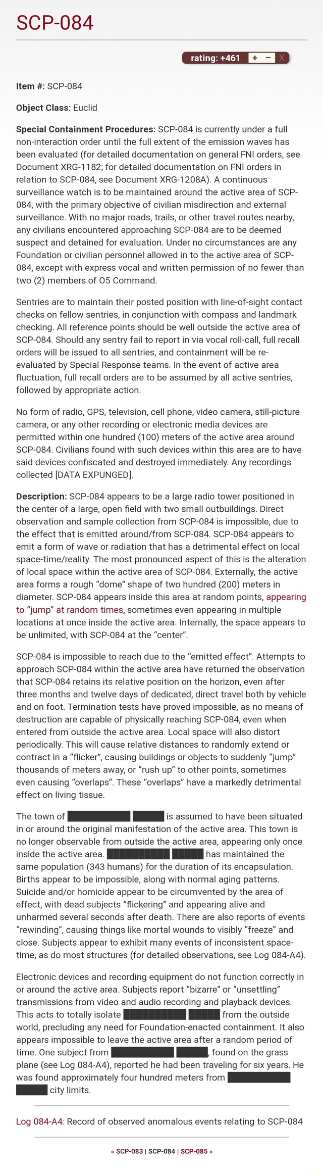 Special Containment Procedures: SCP-084 is currently under a full non-interaction order until ...