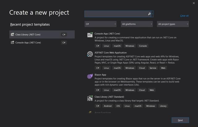 Create a new project Recent project templates Class Library (.NET Core ...