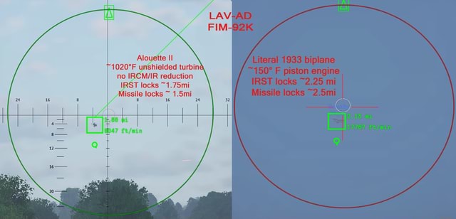 LAV-AD FIM-92K Alouette no reduction IRST locks ~1.75mi Missile locks 1 ...