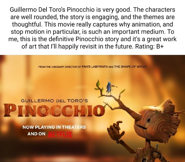Guillermo Del Toro's Pinocchio is very good. The characters are well ...