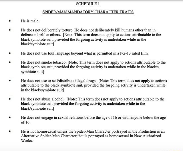 SCHEDULE 'SPIDER-MAN MANDATORY CHARACTER TRAITS He is male. He does not ...