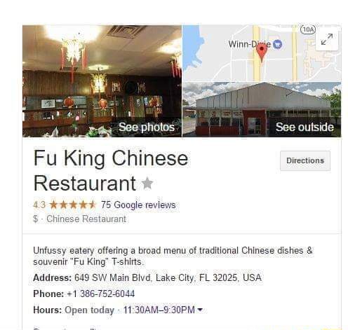 Fu King Chinese Restaurant See photos See 75 Google reviews Chinese ...