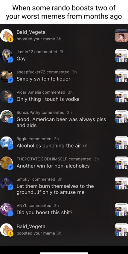 When some rando boosts two of your worst memes from months ago Bald ...