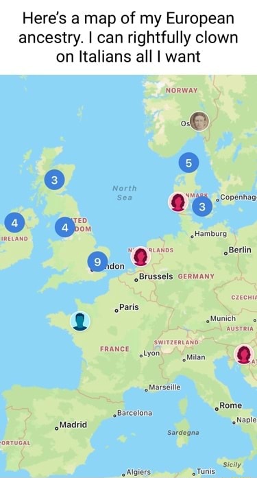 Here's a map of my European ancestry. I can rightfully clown on ...