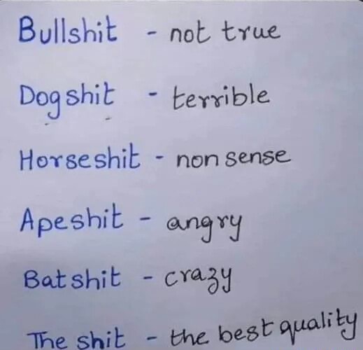Bullshit - not true Dog shit - beyvible Horseshit shit - non sense ...