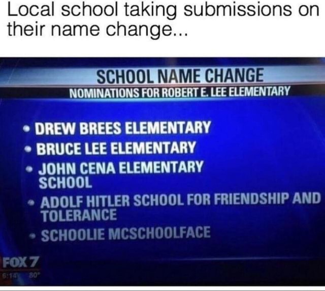 Local school taking submissions on their name change... SCHOOL NAME ...