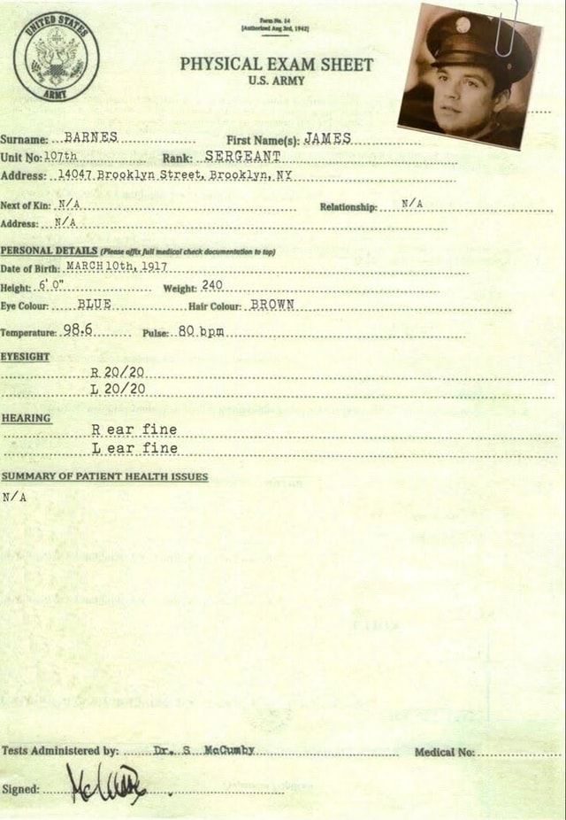 PHYSICAL EXAM SHEET US ARMY First JAMES.......... Rank: . SERGEANT. iyn ...