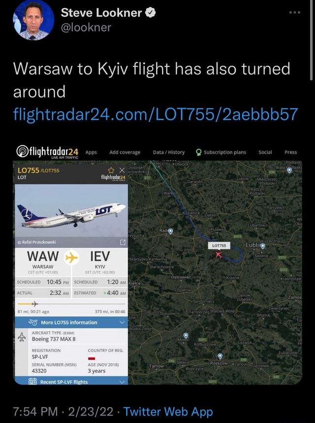 Steve Lookner @ @lookner Warsaw to Kyiv flight has also turned around ...