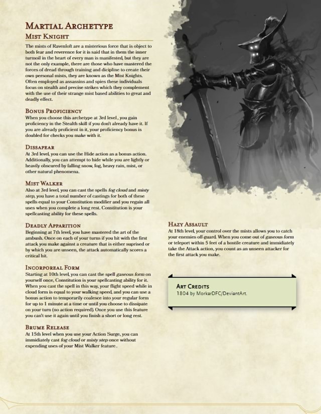 MARTIAL ARCHETYPE Mist KNIGHT The mists of Ravenloft are a misterious ...