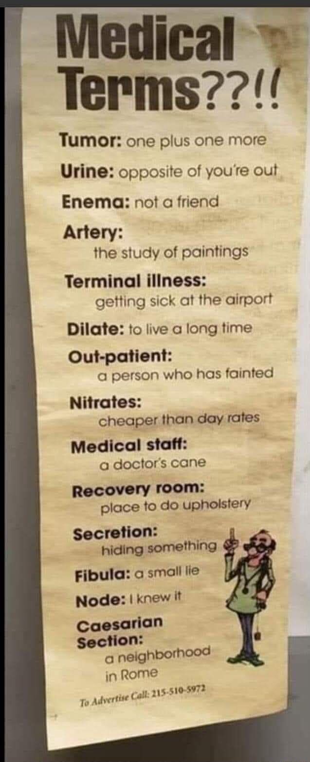 Medical Terms??!! Tumor: one plus one more Urine: opposite of you're ...
