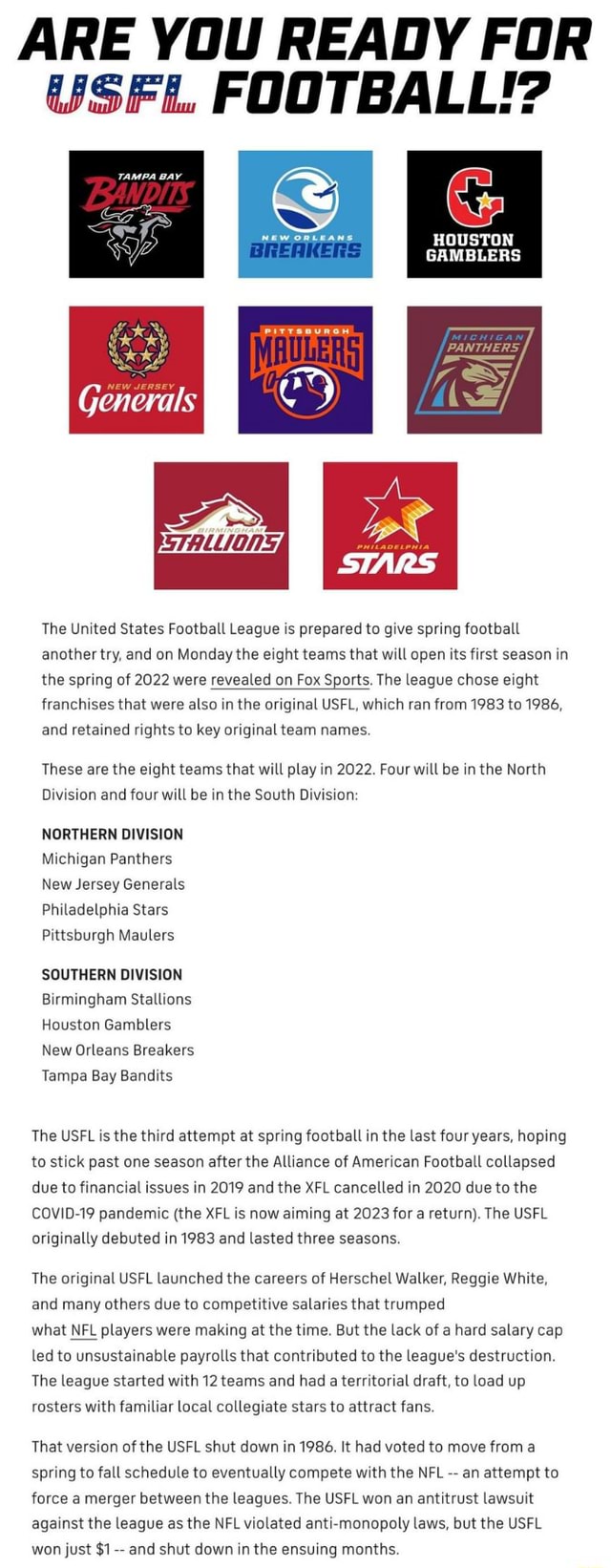 ARE YOU READY FOR USFL FOOTBALL!? TAMPA BAY Generals HOUSTON GAMBLERS ...