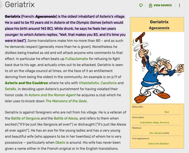 Geriatrix Geriatrix (French: Agecanonix) is the oldest inhabitant of ...