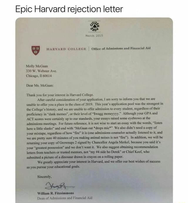 Epic Harvard rejection letter - iFunny