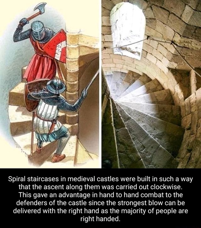 Spiral staircases in medieval castles were built in such a way that the ...