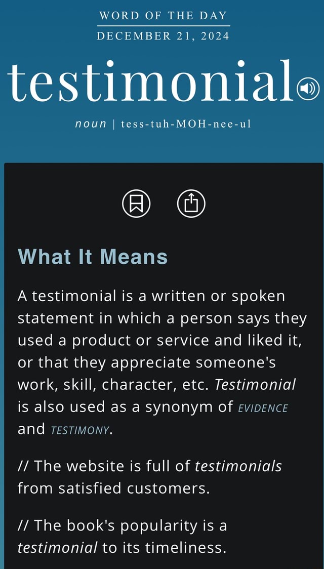 WORD OF THE DAY DECEMBER 21, 2024 testimoniale noun I tess-tuh-MOH-nee ...