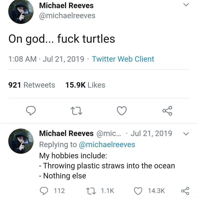 Michael Reeves @michaelreeves On god... fuck turtles AM - Jul 21, 2019 ...