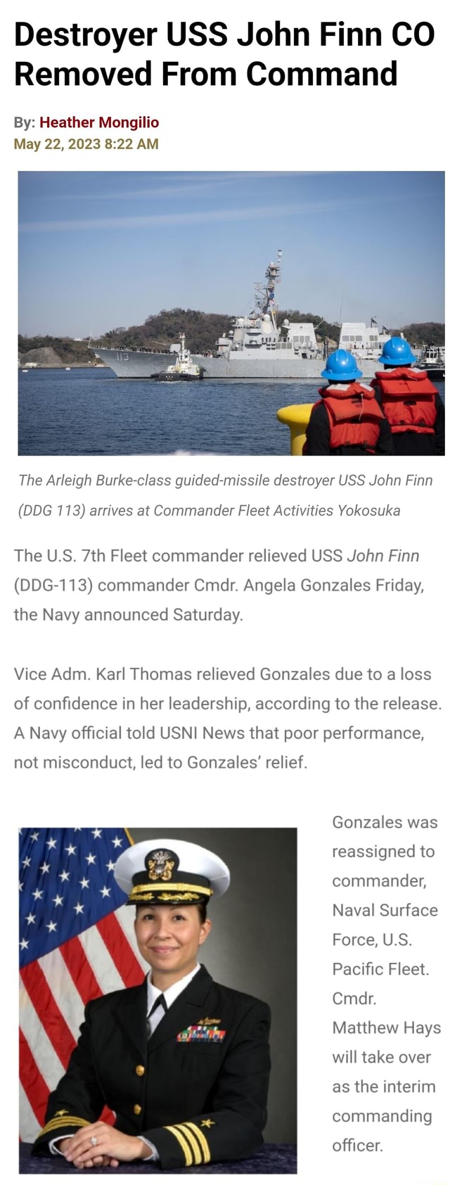 Destroyer USS John Finn CO Removed From Command By: Heather Mongilio ...
