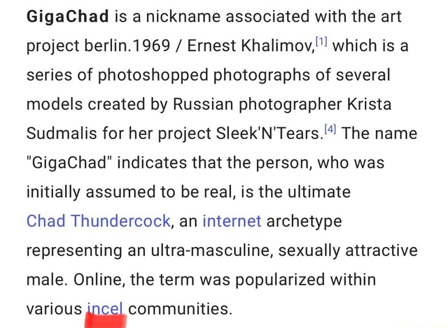 GigaChad is a nickname associated with the art project berlin.1969 ...