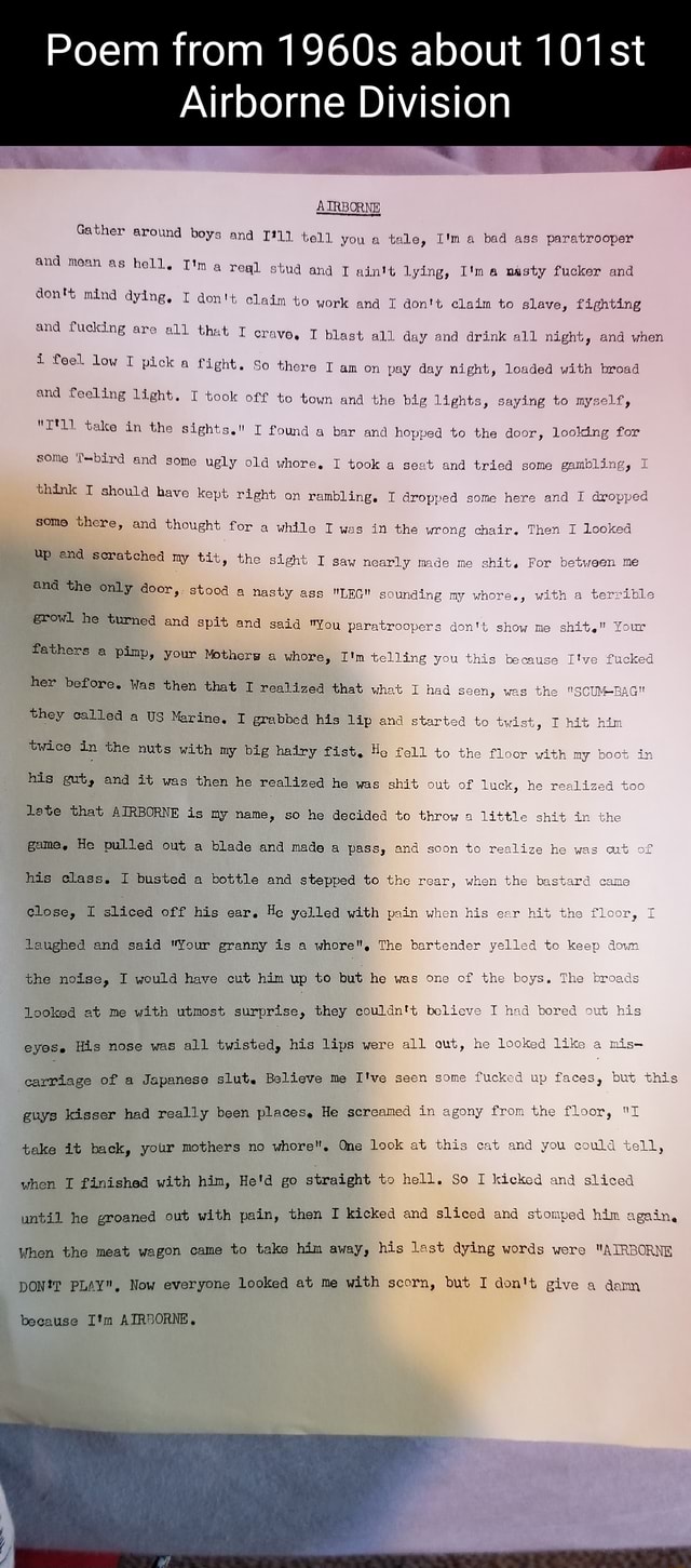 Poem from 1960s about 101s Airborne Division AIRBORNE Gather around ...