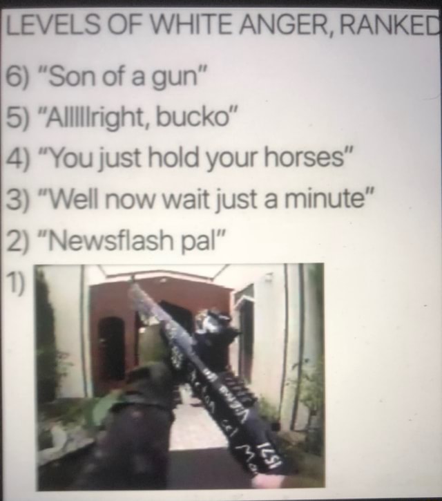 LEVELS OF WHITE ANGER, RANKE 6) "Son of a gun” 5) "Alllllnght, bucko” 4 ...