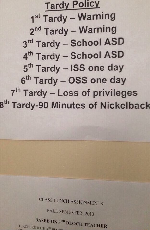 Tardy Policy Tardy Warning D Tardy School As Tardy 4 Tardy School A 5 Tardy Iss One Day 6