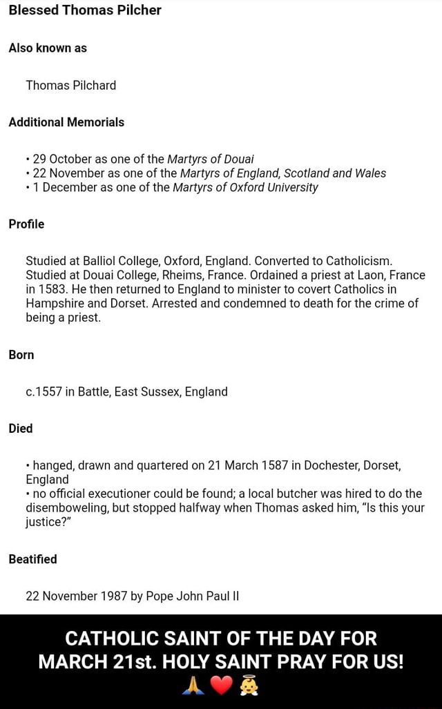 Blessed Thomas Pilcher Also known as Thomas Pilchard Additional ...