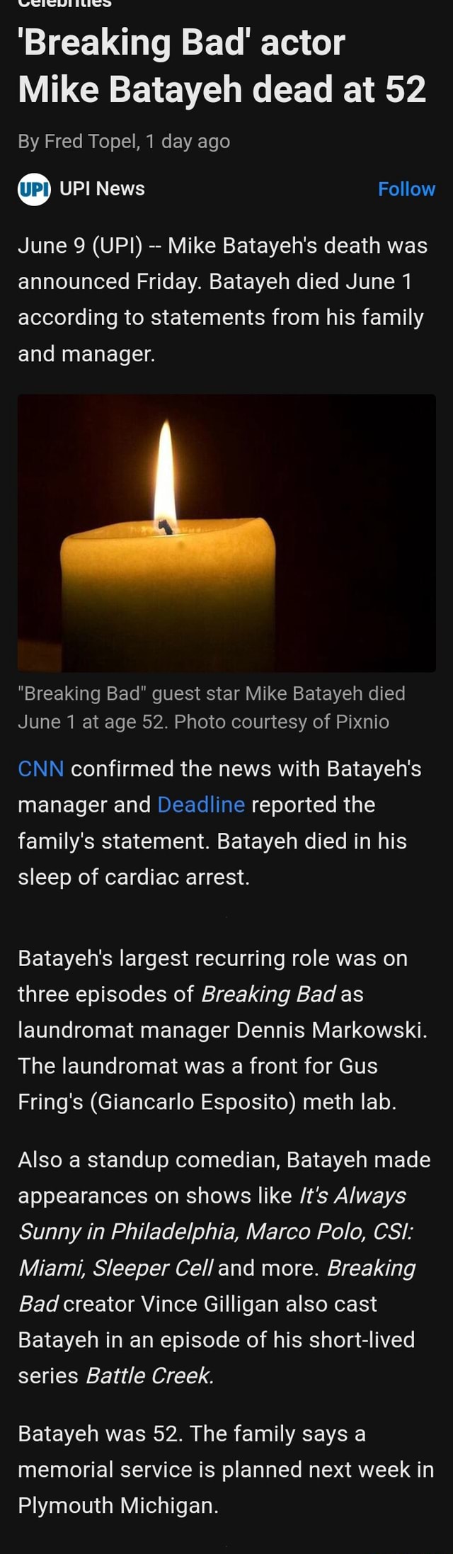'Breaking Bad' actor Mike Batayeh dead at 52 By Fred Topel, 1 day ago ...