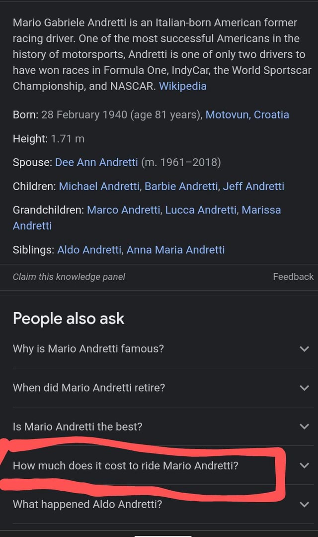 Mario Gabriele Andretti is an Italian-born American former racing ...