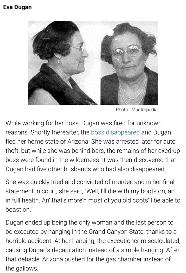 Eva Dugan Photo: Murderpedia While working for her boss, Dugan was ...