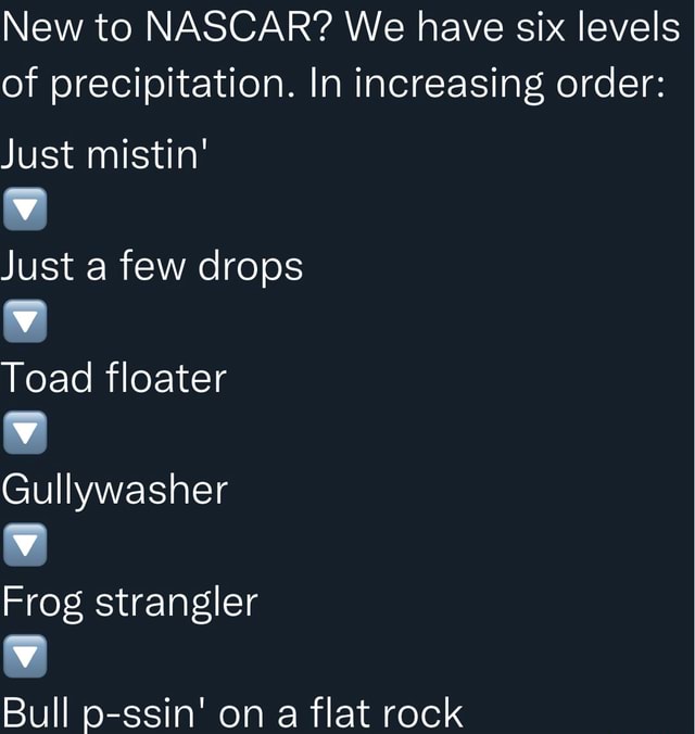 New to NASCAR? We have six levels of precipitation. In increasing order ...