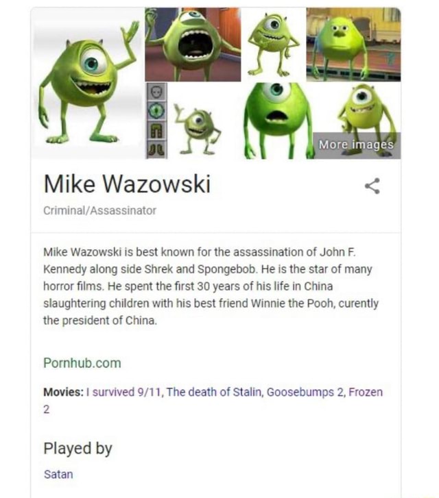 Mike Wazowski Mike Wazowski is best known for the assassination of John ...