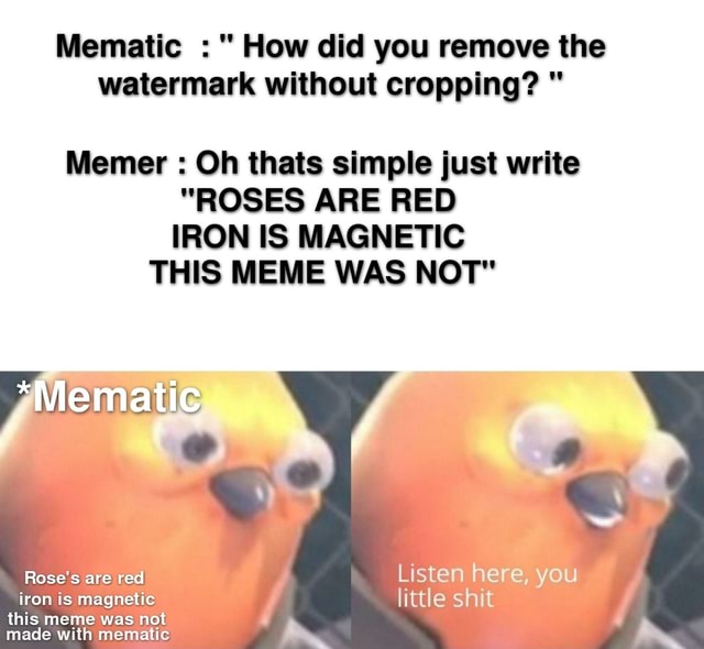 Mematic How did you remove the watermark without cropping? " Memer : Oh ...