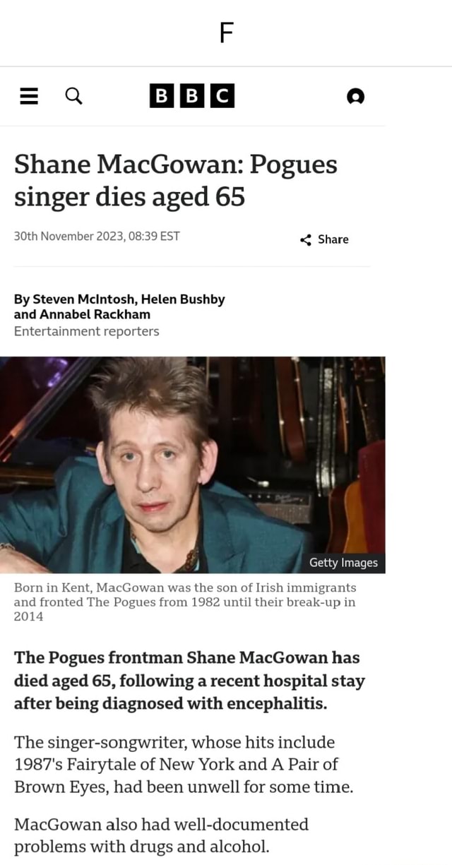 Shane MacGowan: Pogues singer dies aged 65 30th November 2023, EST