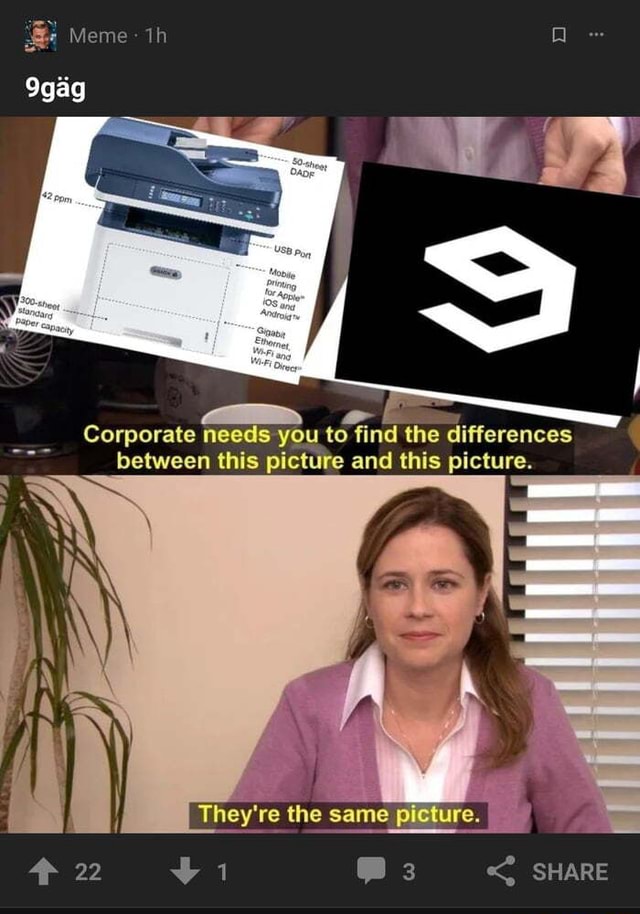 Meme th 9gag Corporate needs you to find the differences between this picture and this picture ...