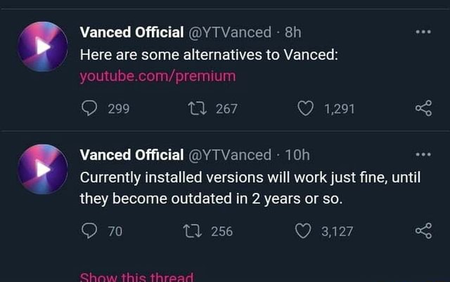 Vanced Official @YTVanced Here are some alternatives to Vanced: youtube ...