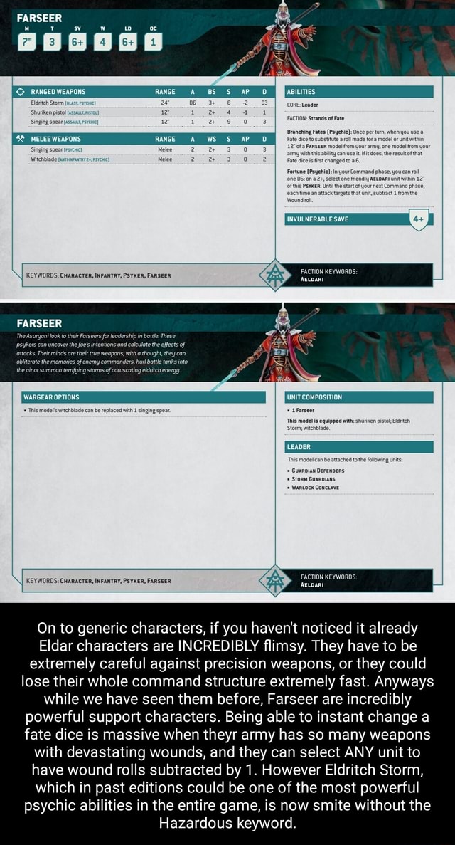 CORE: Leader FARSEER RANGED WEAPONS RANGE BS aP ABILITIES FACTION: Strands of Fate Singing spea ...
