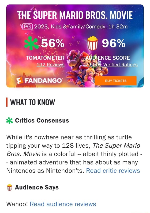 THE SUPER MARIO BROS. MOVIE {PG] 2023, Kids 56% 96% TOMATOMETER ...