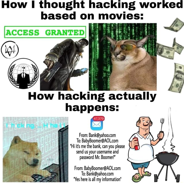 How I thought hacking worked based on movies: ACCESS GRANTED How hacking actually happens ...