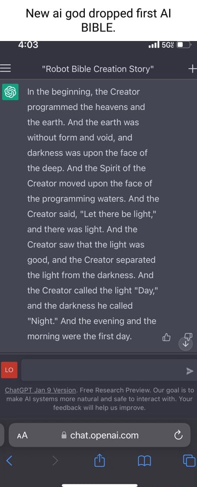 Lo New ai god dropped first Al BIBLE. "Robot Bible Creation Story" + In ...