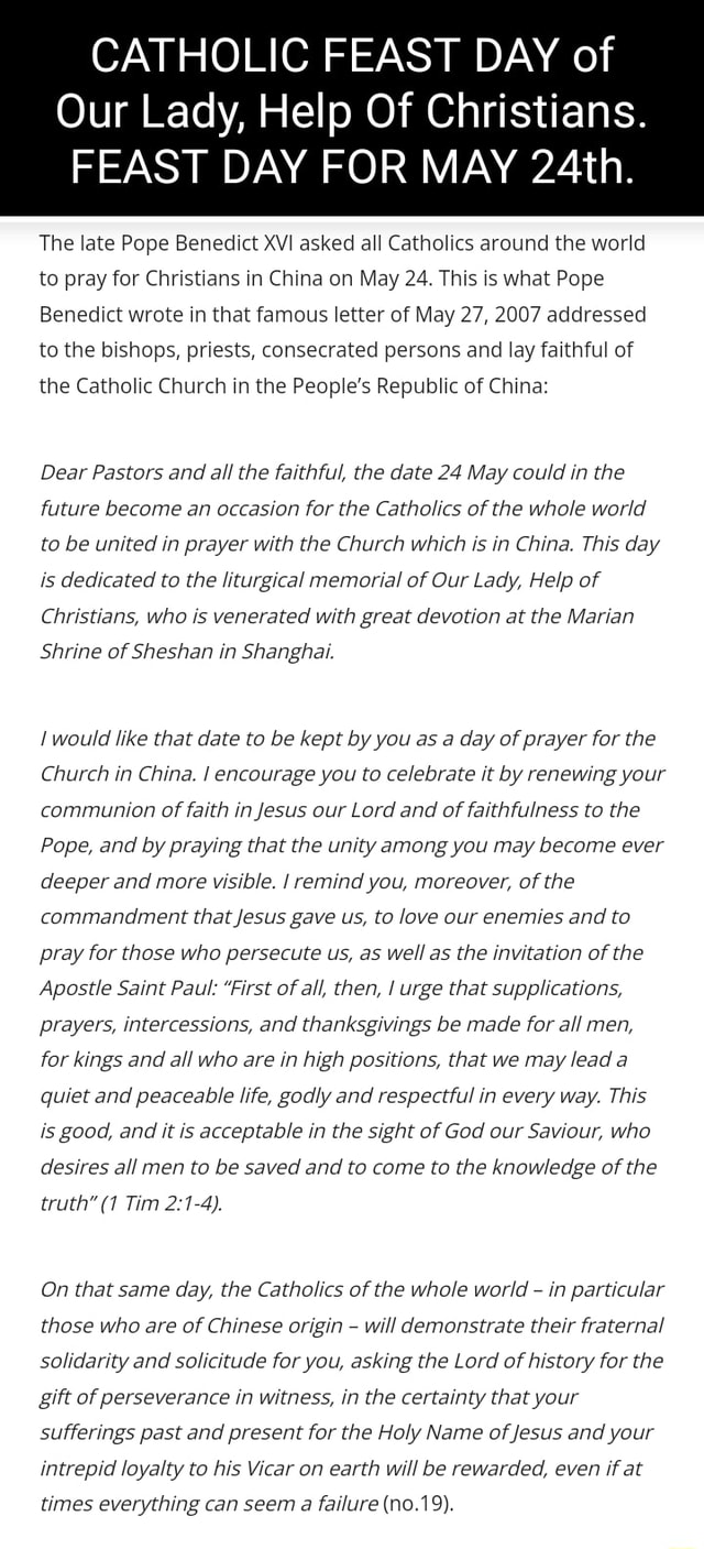 CATHOLIC FEAST DAY of Our Lady, Help Of Christians. FEAST DAY FOR MAY ...