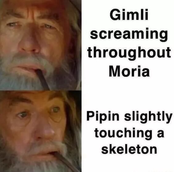 Gimli screaming throughout Moria Pipin slightly touching a skeleton ...